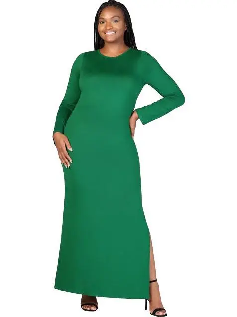 24SEVEN COMFORT APPAREL Long Sleeve Fitted Maxi Dress With Slit - Emerald