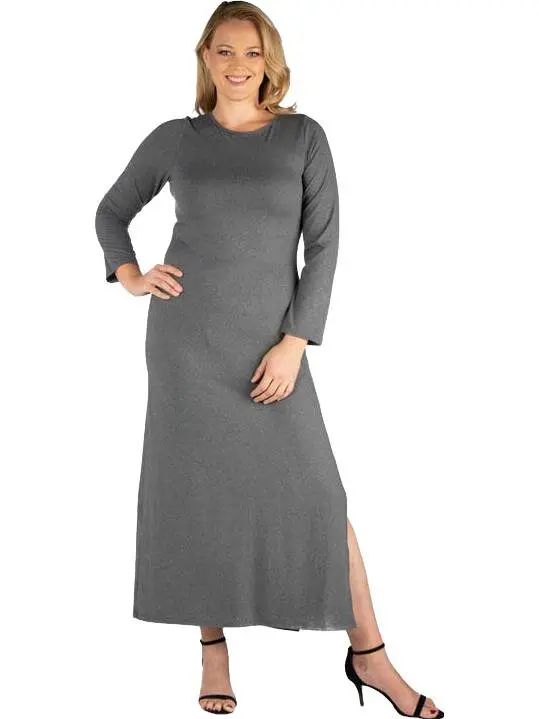 24SEVEN COMFORT APPAREL Long Sleeve Fitted Maxi Dress With Slit - Grey