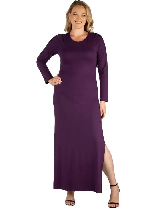 24SEVEN COMFORT APPAREL Long Sleeve Fitted Maxi Dress With Slit - Purple