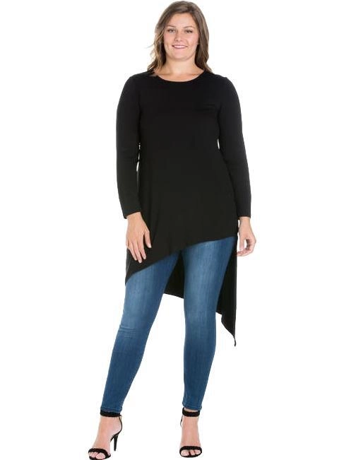 24SEVEN COMFORT APPAREL Long Sleeve Knee Length Asymmetrical Tunic Top - Black