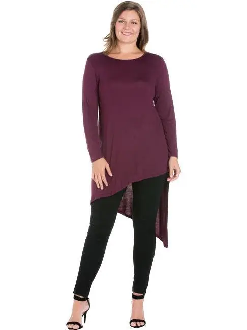 24SEVEN COMFORT APPAREL Long Sleeve Knee Length Asymmetrical Tunic Top - Plum