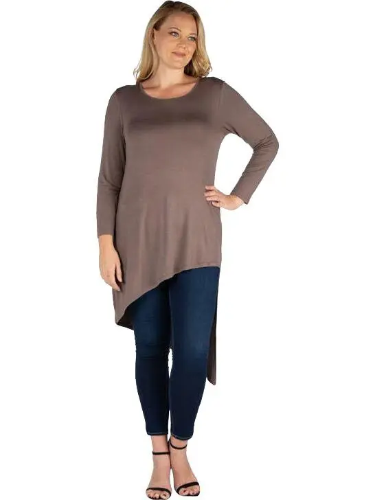 24SEVEN COMFORT APPAREL Long Sleeve Knee Length Asymmetrical Tunic Top - Taupe