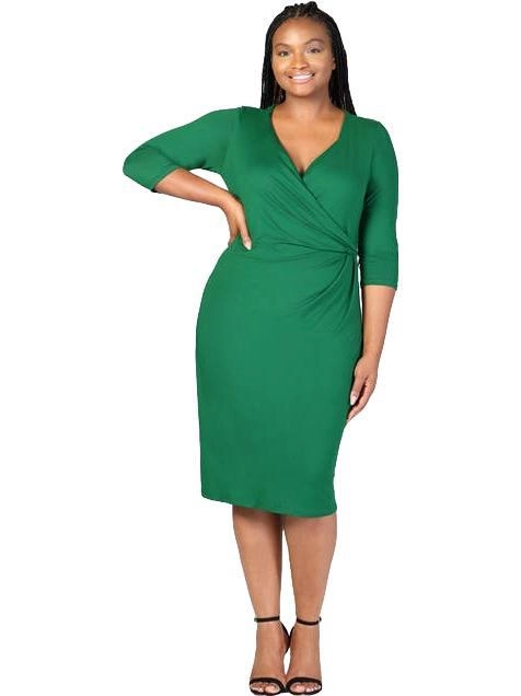 24SEVEN COMFORT APPAREL Knee Length V Neck Dress - Emerald