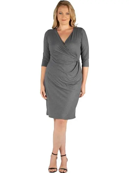 24SEVEN COMFORT APPAREL Knee Length V Neck Dress - Grey
