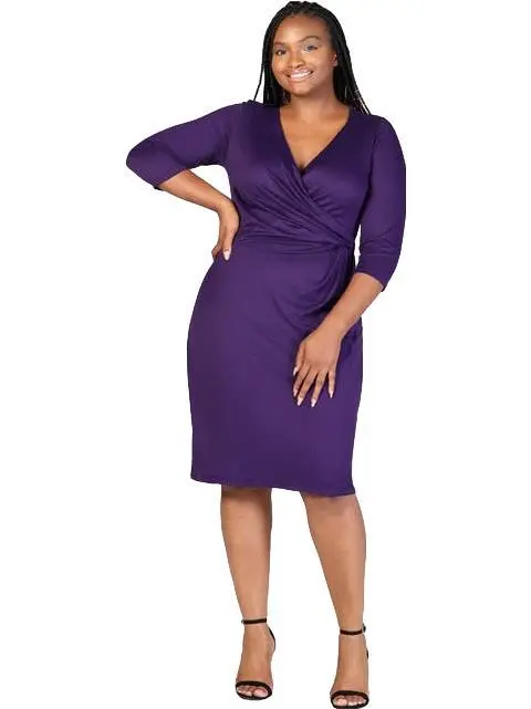 24SEVEN COMFORT APPAREL Knee Length V Neck Dress - Purple