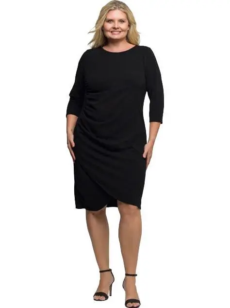 24SEVEN COMFORT APPAREL Three Quarter Sleeve Ruched Tulip Hem Mini Dress - Black