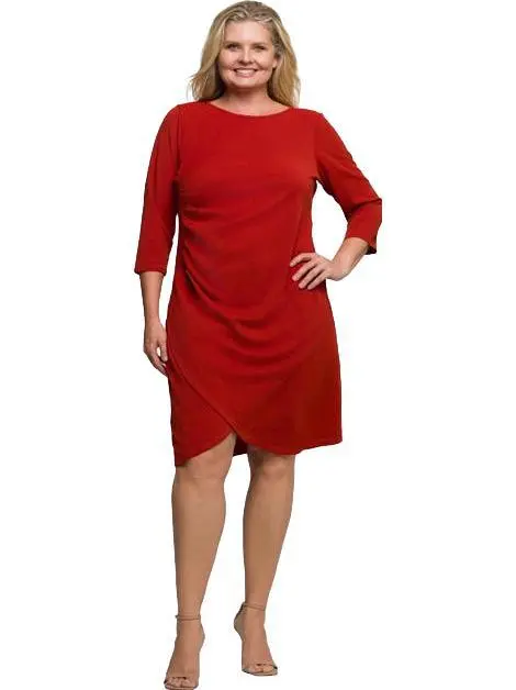 24SEVEN COMFORT APPAREL Three Quarter Sleeve Ruched Tulip Hem Mini Dress - Rust