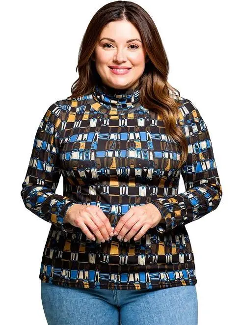 24SEVEN COMFORT APPAREL Mock Neck Long Sleeve Printed Top - Multi
