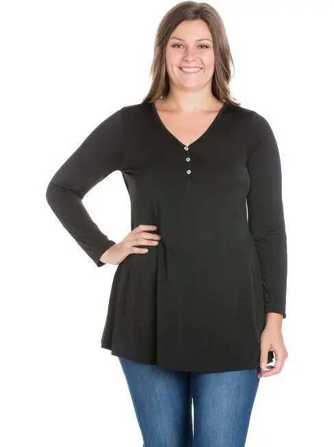 24SEVEN COMFORT APPAREL Flared Long Sleeve Henley Tunic Top - Black