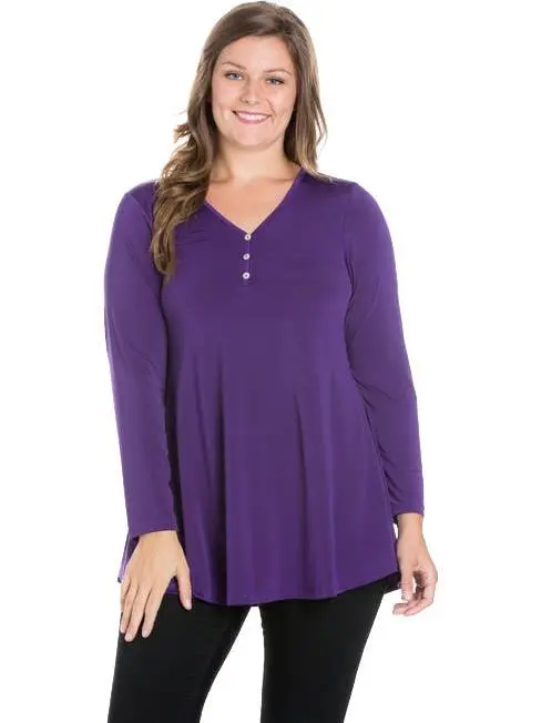 24SEVEN COMFORT APPAREL Flared Long Sleeve Henley Tunic Top - Purple