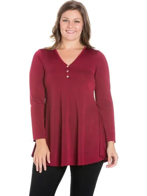 24SEVEN COMFORT APPAREL Flared Long Sleeve Henley Tunic Top - Wine