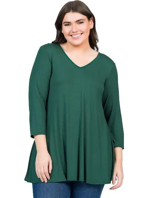 24SEVEN COMFORT APPAREL Three Quarter Sleeve V Neck Tunic Top - Forest