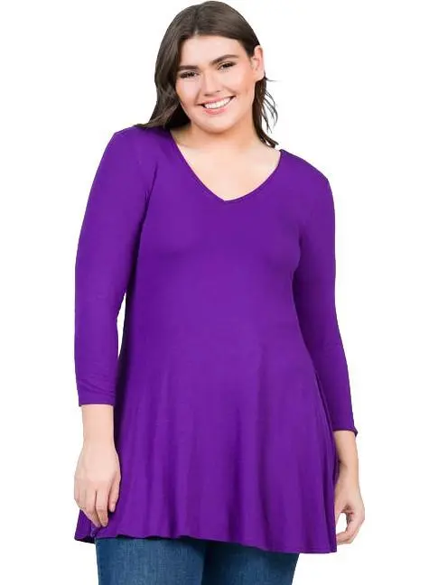 24SEVEN COMFORT APPAREL Three Quarter Sleeve V Neck Tunic Top - Purple