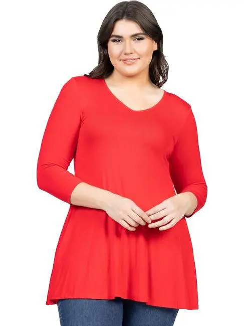 24SEVEN COMFORT APPAREL Three Quarter Sleeve V Neck Tunic Top - Red