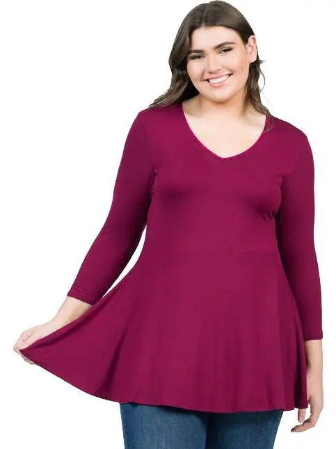 24SEVEN COMFORT APPAREL Three Quarter Sleeve V Neck Tunic Top - Wine