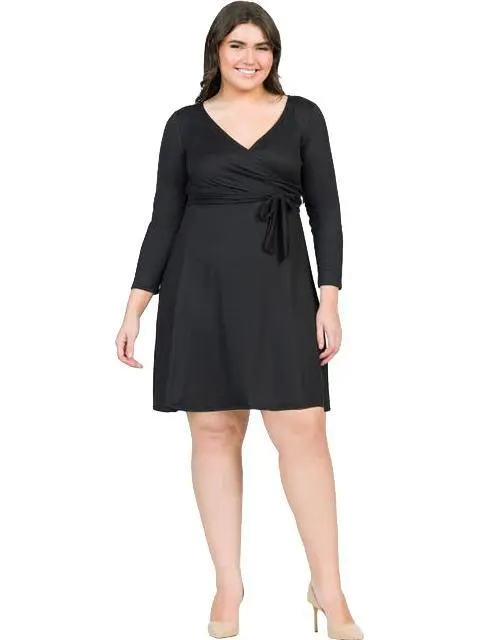 24SEVEN COMFORT APPAREL V-neck Long Sleeve Belted Dress - Black