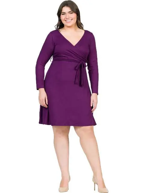 24SEVEN COMFORT APPAREL V-neck Long Sleeve Belted Dress - Purple