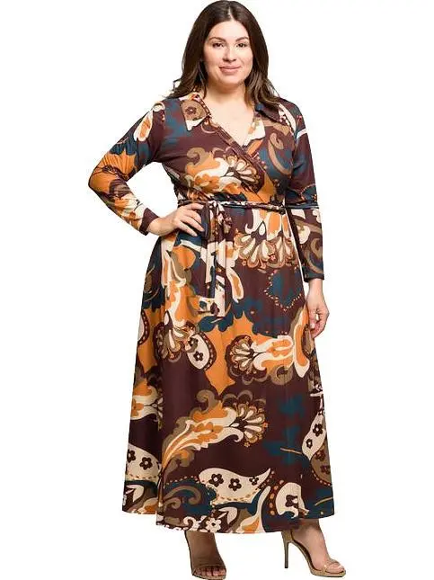 24SEVEN COMFORT APPAREL Paisley Empire Waist Maxi Dress - Brown Multi