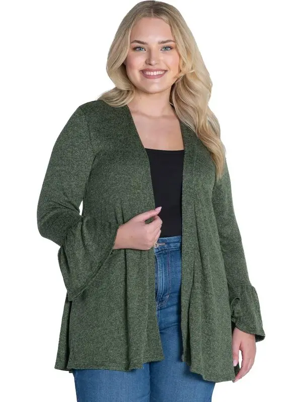 24SEVEN COMFORT APPAREL Knit Three Quarter Bell Sleeve Open Cardigan - Olive
