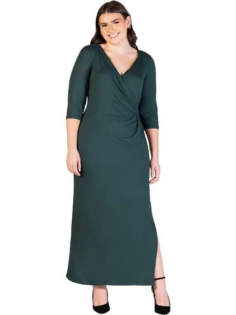 24SEVEN COMFORT APPAREL Fitted V-neck Maxi Dress With Slit - Hunter