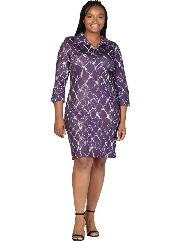 24SEVEN COMFORT APPAREL Geometric Print Three Quarter Sleeve Mini Dress With Collar - Purple Multi