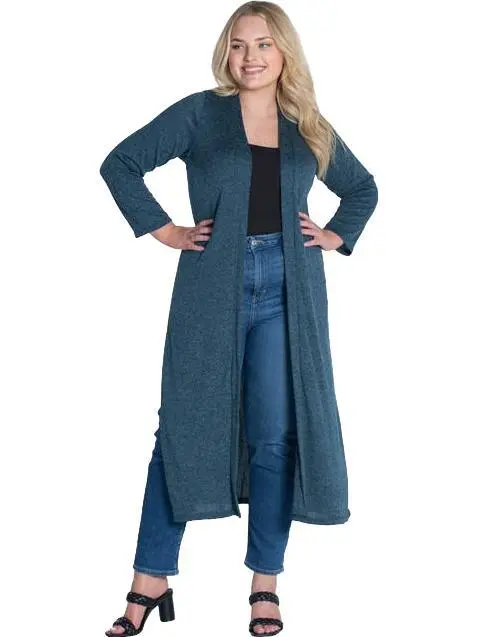 24SEVEN COMFORT APPAREL Open Front Long Duster Cardigan - Teal
