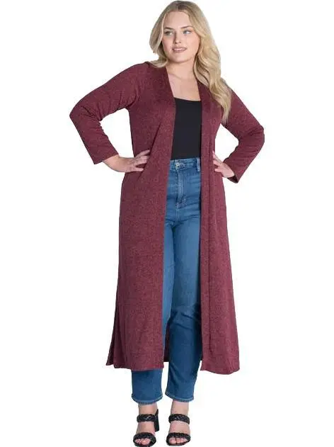 24SEVEN COMFORT APPAREL Open Front Long Duster Cardigan - Wine