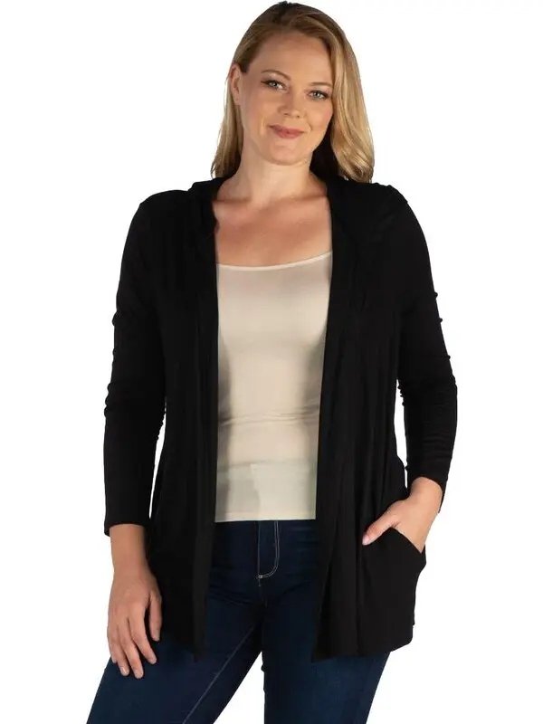 24SEVEN COMFORT APPAREL Open Front Lightweight Hooded Cardigan - Black