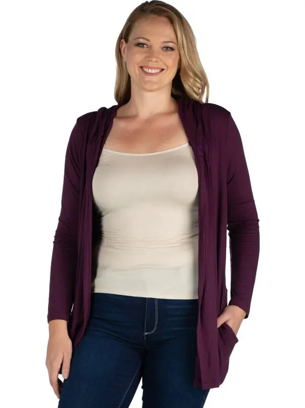 24SEVEN COMFORT APPAREL Open Front Lightweight Hooded Cardigan - Plum