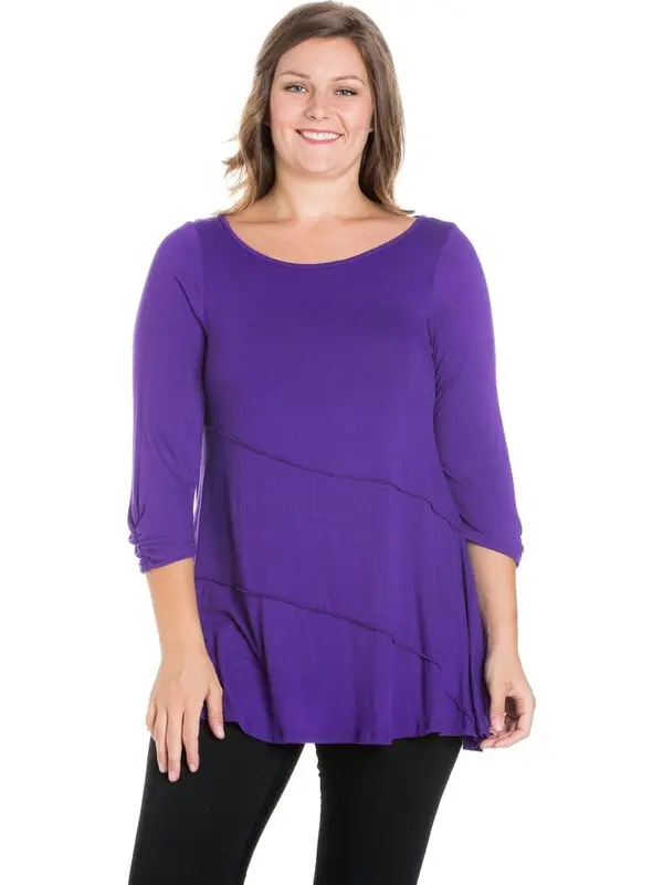24SEVEN COMFORT APPAREL Ruched Sleeve Swing Tunic Top - Purple