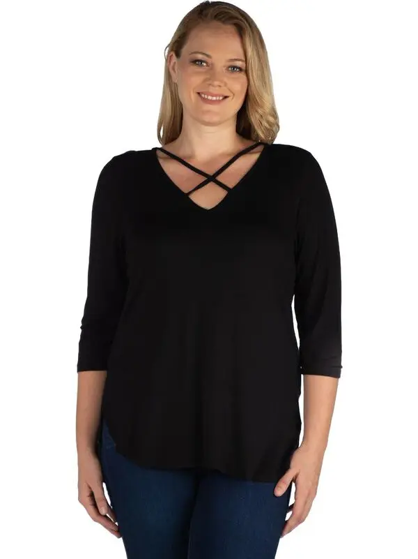 24SEVEN COMFORT APPAREL Criss Cross V-neck Top - Black