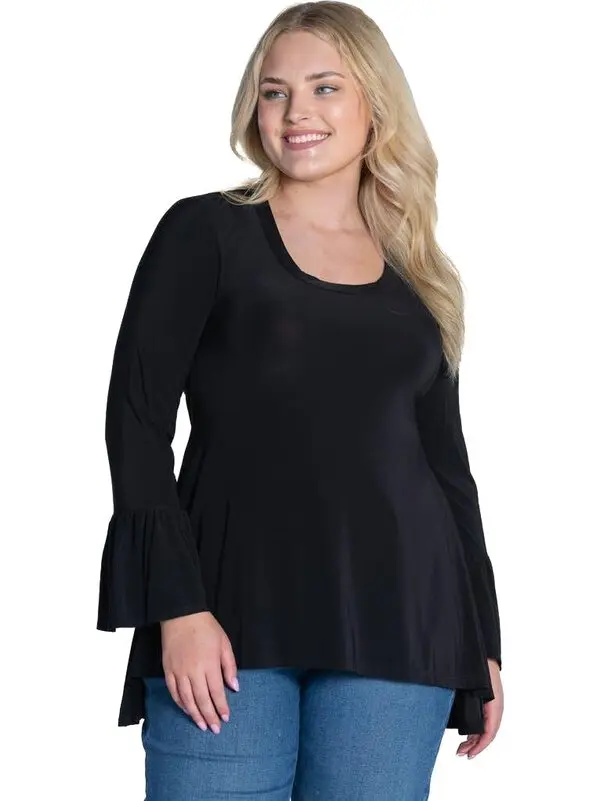 24SEVEN COMFORT APPAREL Long Bell Sleeve High Low Tunic Top - Black
