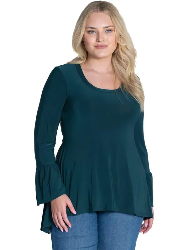 24SEVEN COMFORT APPAREL Long Bell Sleeve High Low Tunic Top - Hunter