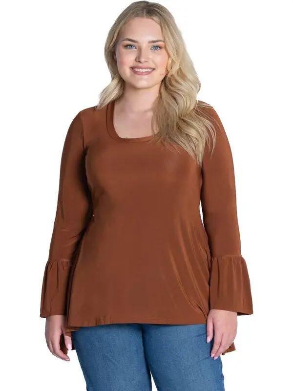24SEVEN COMFORT APPAREL Long Bell Sleeve High Low Tunic Top - Tobacco