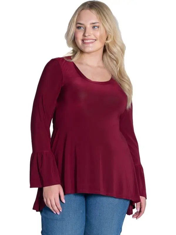 24SEVEN COMFORT APPAREL Long Bell Sleeve High Low Tunic Top - Wine
