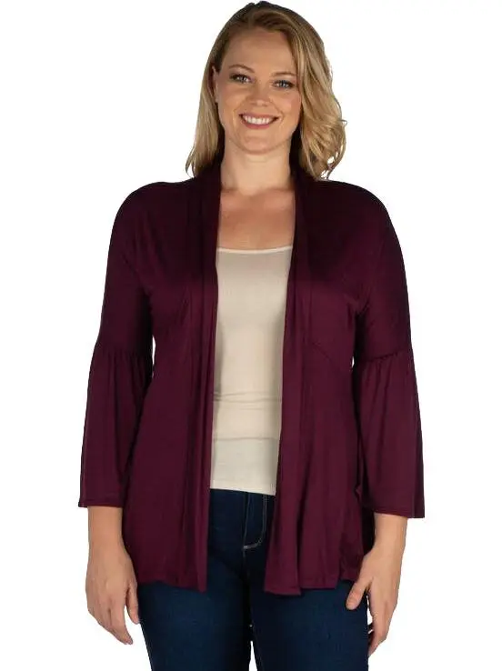 24SEVEN COMFORT APPAREL Bell Sleeve Flared Open Front Cardigan - Plum