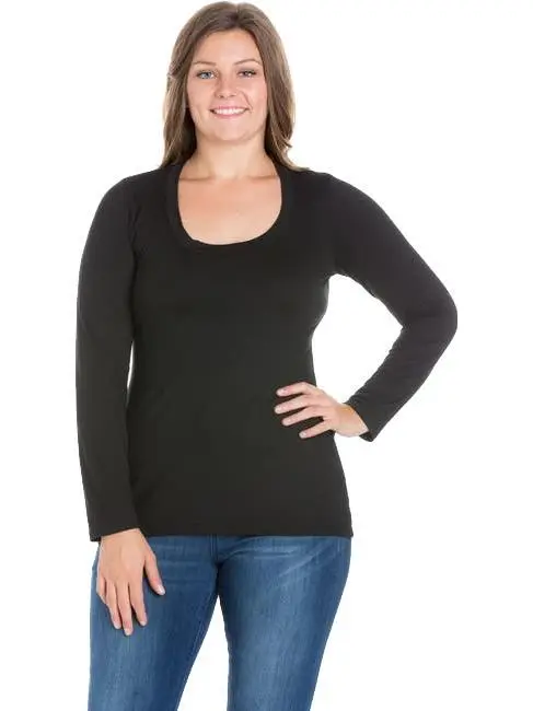 24SEVEN COMFORT APPAREL Solid Long Sleeve Scoop Neck Tee - Black
