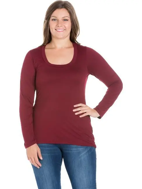 24SEVEN COMFORT APPAREL Solid Long Sleeve Scoop Neck Tee - Wine