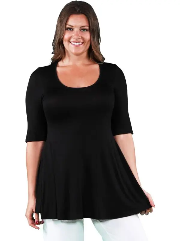 24SEVEN COMFORT APPAREL Elbow Sleeve Swing Tunic Top - Black