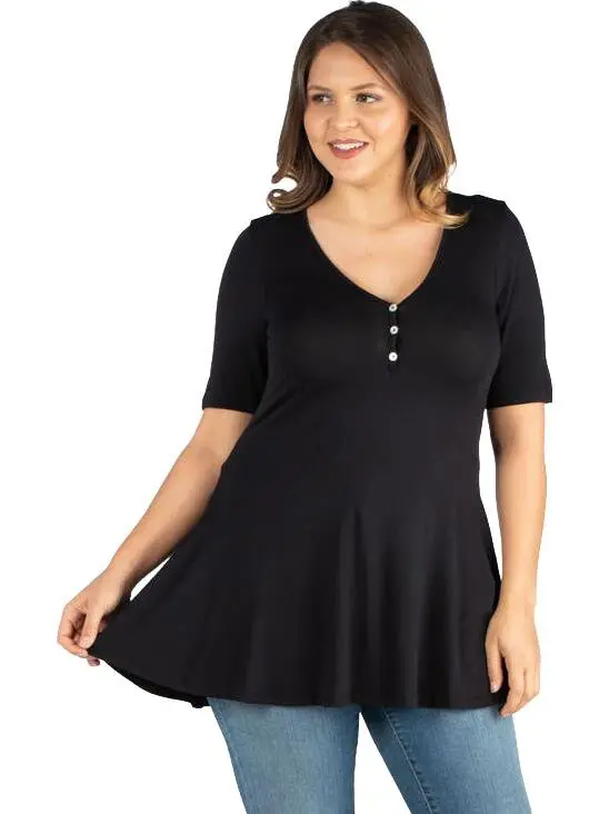 24SEVEN COMFORT APPAREL Elbow Sleeve Henley Tunic Top - Black
