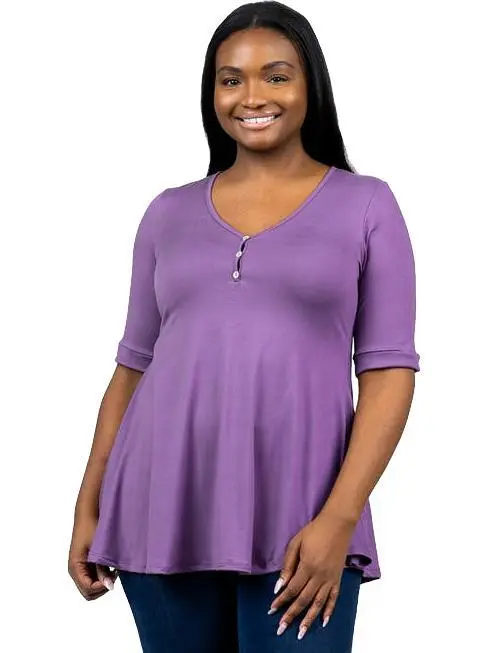 24SEVEN COMFORT APPAREL Elbow Sleeve Henley Tunic Top - Lilac
