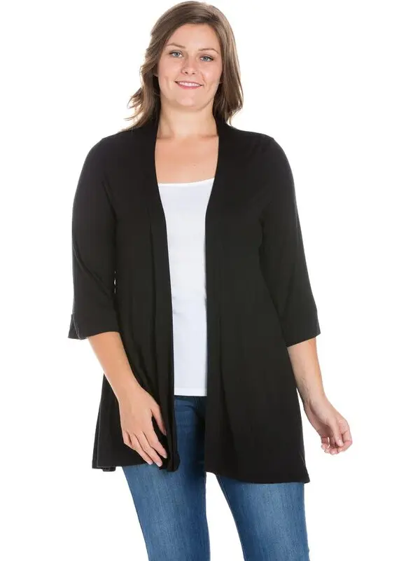 24SEVEN COMFORT APPAREL Elbow Length Sleeve Open Front Cardigan - Black