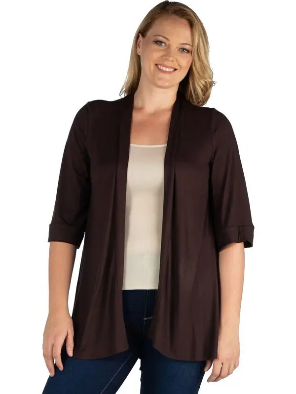 24SEVEN COMFORT APPAREL Elbow Length Sleeve Open Front Cardigan - Brown