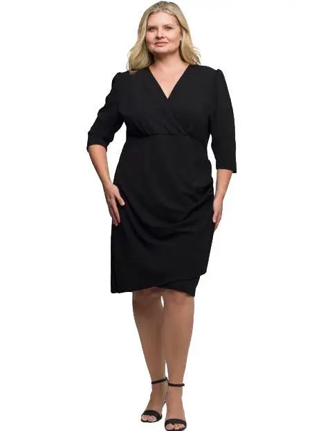 24SEVEN COMFORT APPAREL Solid V-neck Faux Wrap Dress - Black