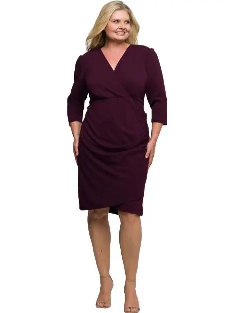 24SEVEN COMFORT APPAREL Solid V-neck Faux Wrap Dress - Wine