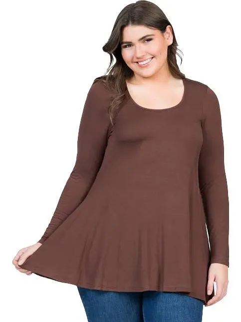 24SEVEN COMFORT APPAREL Long Sleeve Swing Tunic Top - Brown