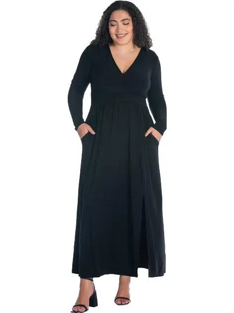 24SEVEN COMFORT APPAREL Long Sleeve V Neck Maxi Dress With Slit - Black