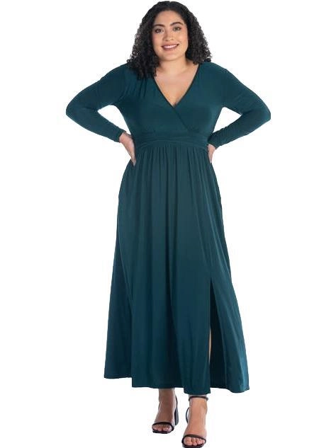 24SEVEN COMFORT APPAREL Long Sleeve V Neck Maxi Dress With Slit - Hunter