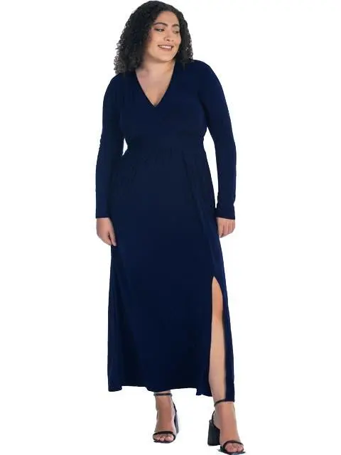 24SEVEN COMFORT APPAREL Long Sleeve V Neck Maxi Dress With Slit - Navy