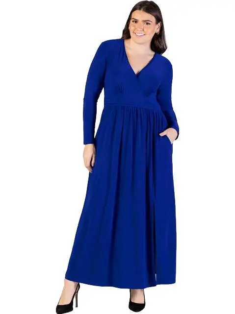 24SEVEN COMFORT APPAREL Long Sleeve V Neck Maxi Dress With Slit - Royal